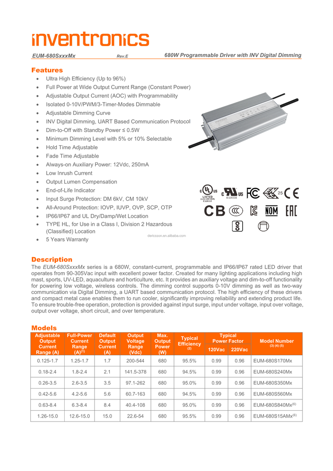 Inventronics EUM-680S15AMG 680W IP67 Waterproof AC-DC LED Driver ...
