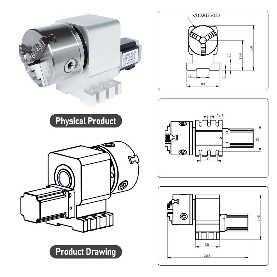 3 Jaws Chuck 1:10 CNC 4 Axis Rotary K11-125 Chuck Rotary Axis 4th Axis ...