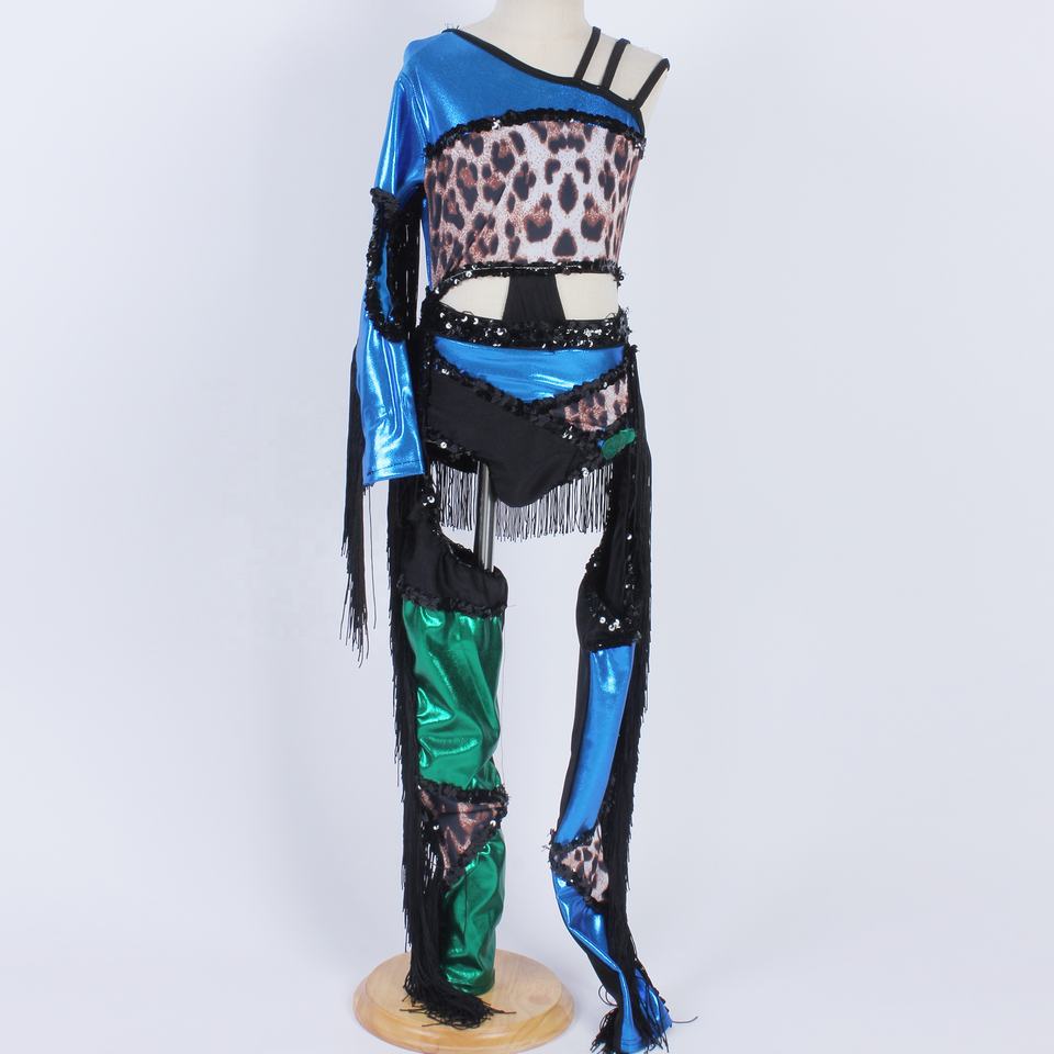 Shiny Foil Dance Girl Style Leotard Black Sequin Tassel Dance Costume ...