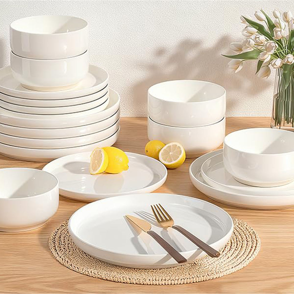 EKA Sleek White Ceramic Dinnerware Set Minimalist Plates Sets Tableware ...