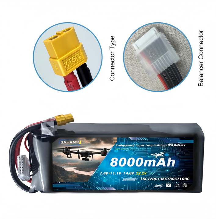 SAHAMP高能量密度6S 22.2V 8000毫安时25C FPV无人机电池组XT90-S RC Lipo，适用于无人机，保修12个月 ...