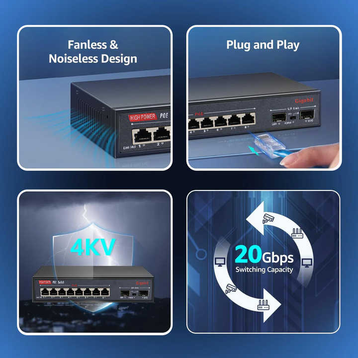 Play and Plug 8 Port Gigabit PoE Switch with 2 10/100/1000Mbps Sfp Uplink Ports Poe Network ...