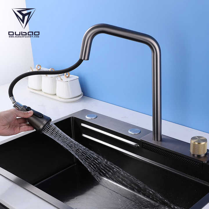 OUBAO Modern Luxury Square Kitchen Faucet Sink Gun Grey Fly Rain Pull ...