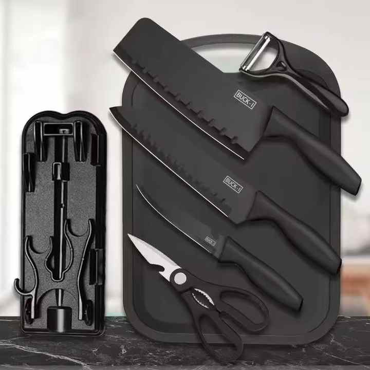 Professional 7-piece Black Kitchen Chef Knife Set with Cutting Board ...