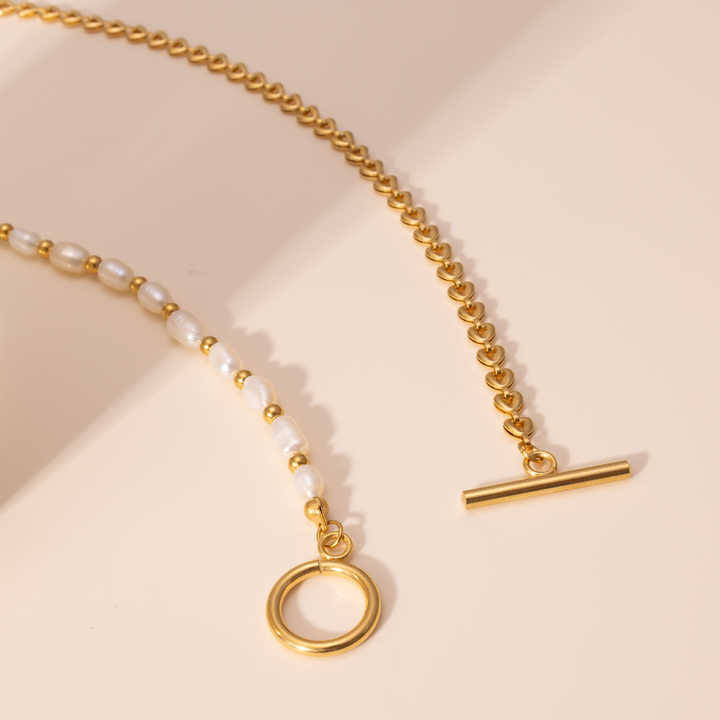 INS 18k Gold Plated Stainless Steel OT Clasp Necklace for Women Fashion Freshwater Pearl Beads ...