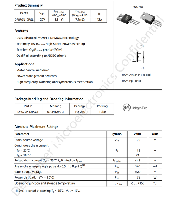 Custom DP070N12PGLI 120V 112A Trench SGT Planer SMD N-CH 112N12 ...