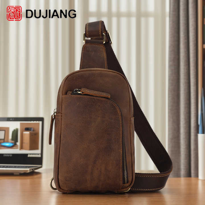 DUJIANG Men's Genuine Cowhide Leather Designer Crossbody Shoulder Bag Vintage Fashion Anti-Theft ...