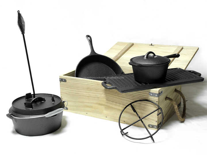 Outdoor Camping Cook Set - 7 Pieces Pre-Seasoned Cast Iron