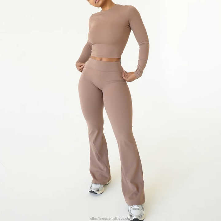 Women's Custom Breathable Fitness Sports 2-Piece Set Sweat-Wicking Long Sleeves Yoga Crop Top ...