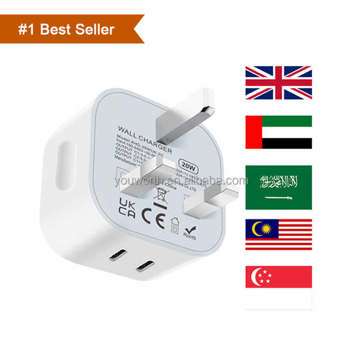 UK UAE KSA MAS SG Plug Dual 2 Ports 20W Chargers Adapters