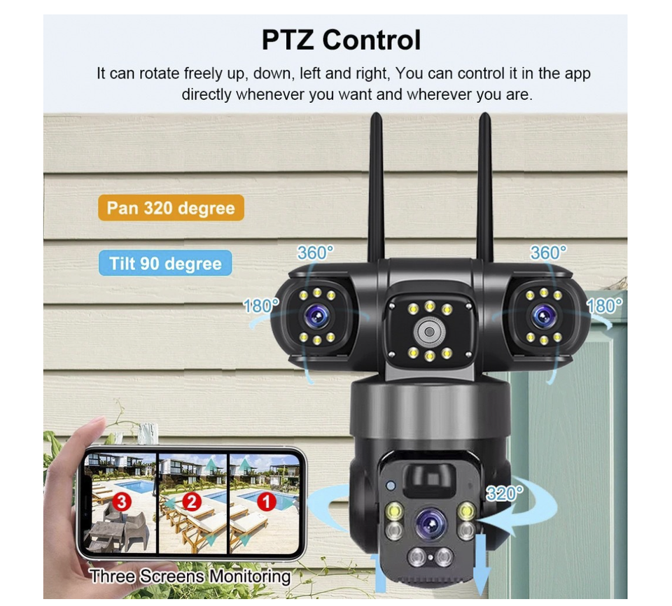 V380 Panoramic 360° 3-Lens Wireless WiFi/4G Solar Security Camera ...