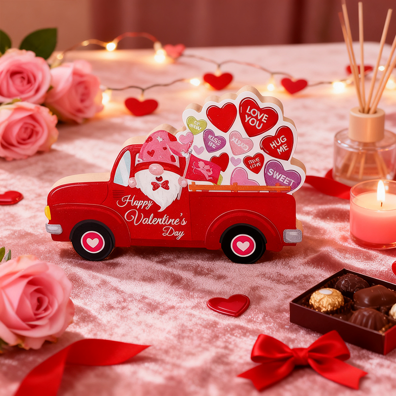 3PCS Valentine's Wooden LOVE Cart & Heart Table Centerpiece with Red ...