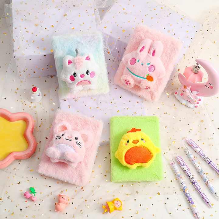 School Kids Fluffy Diary Cartoon Cute Mini Small Plush Notebook for Girls