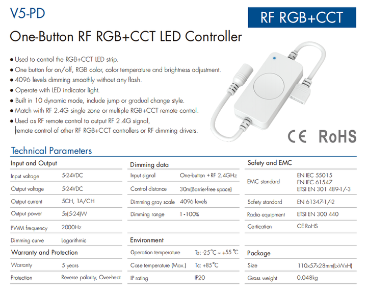 Skydance V5-PD 5-24VDC 5 Channel Mini Constant Voltage RF RGB+CCT LED ...