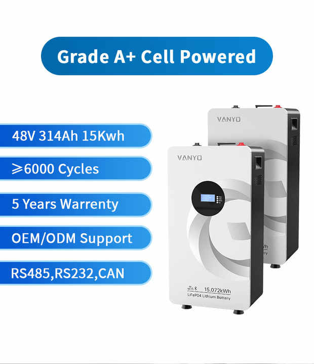 Vanyo Batteries 16Kwh 51.2V Solar 48V 15Kw 314Ah Wall Mounted Deep ...