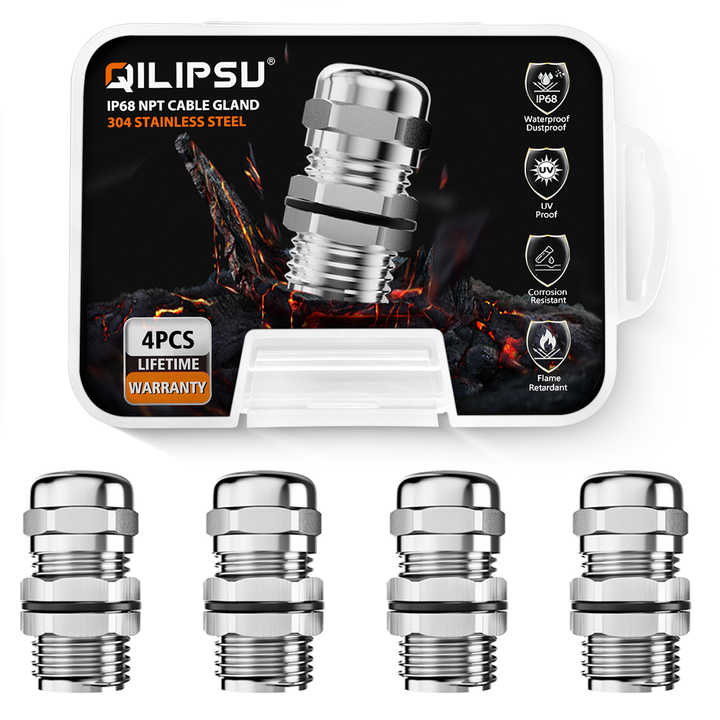 QILIPSU 4PCS 304 Stainless Steel 1/2" NPT Cable Glands
