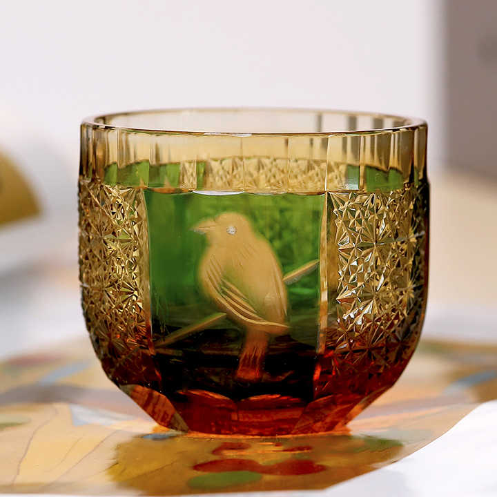 Luxury Japanese Edo Kiriko Amber Sake Glass Cup Shot Glass