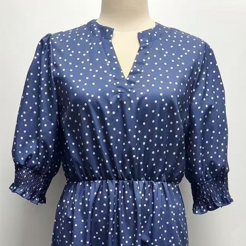 Vintage Romantic Style Navy Blue Polka Dot Midi Lady Women Dress With ...
