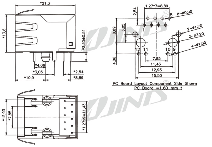 Ethernet RJ45 Connector 8P10C Modular Jack with Leds Mag Jack for PCB ...
