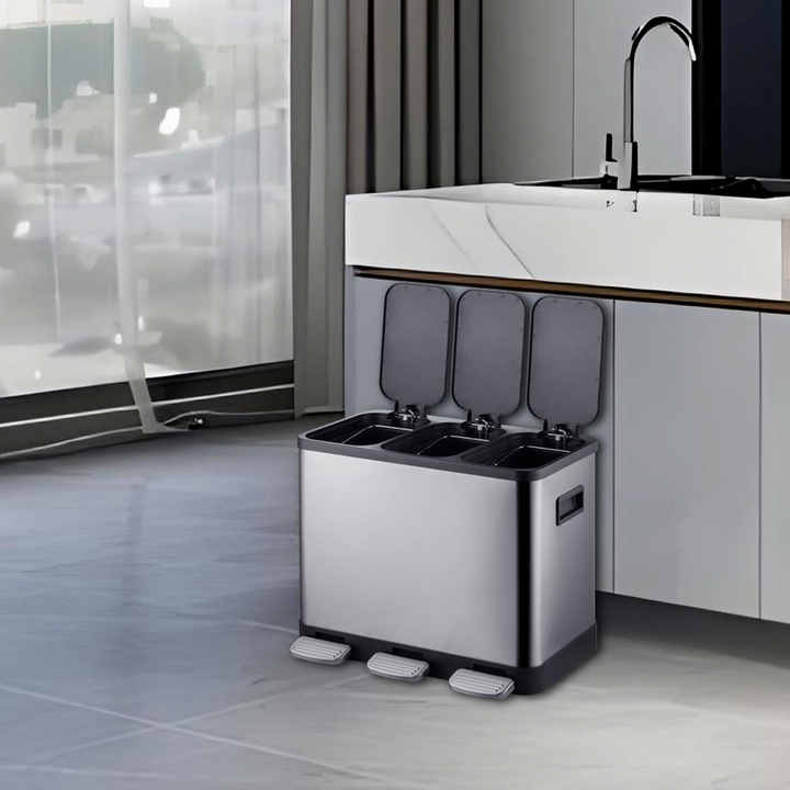 3 Compartment Recycle Bin Vertical Container Stainless Steel Dustbin ...