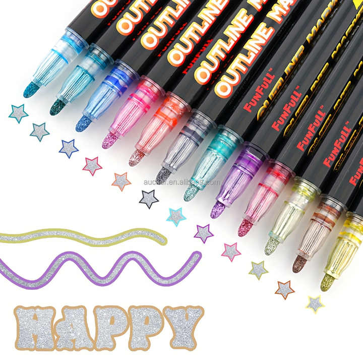 12pcs Double Line Outline Markers Super Squiggles Shimmer Metallic ...