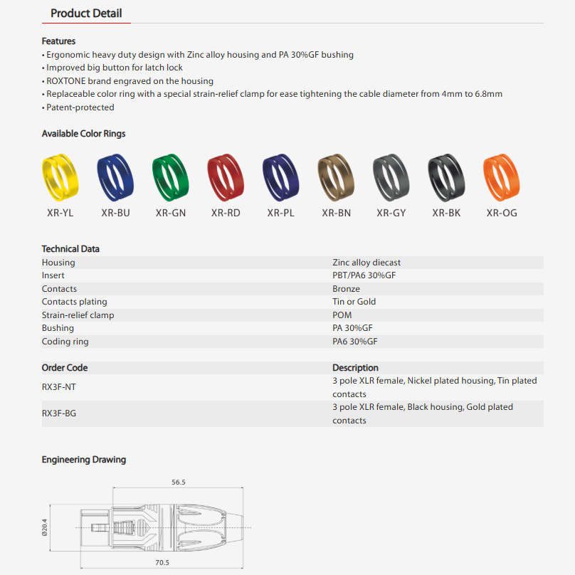 ROXTONE RX3F-BG 3-Pole XLR Female Audio Connector Gold Plated Contacts ...