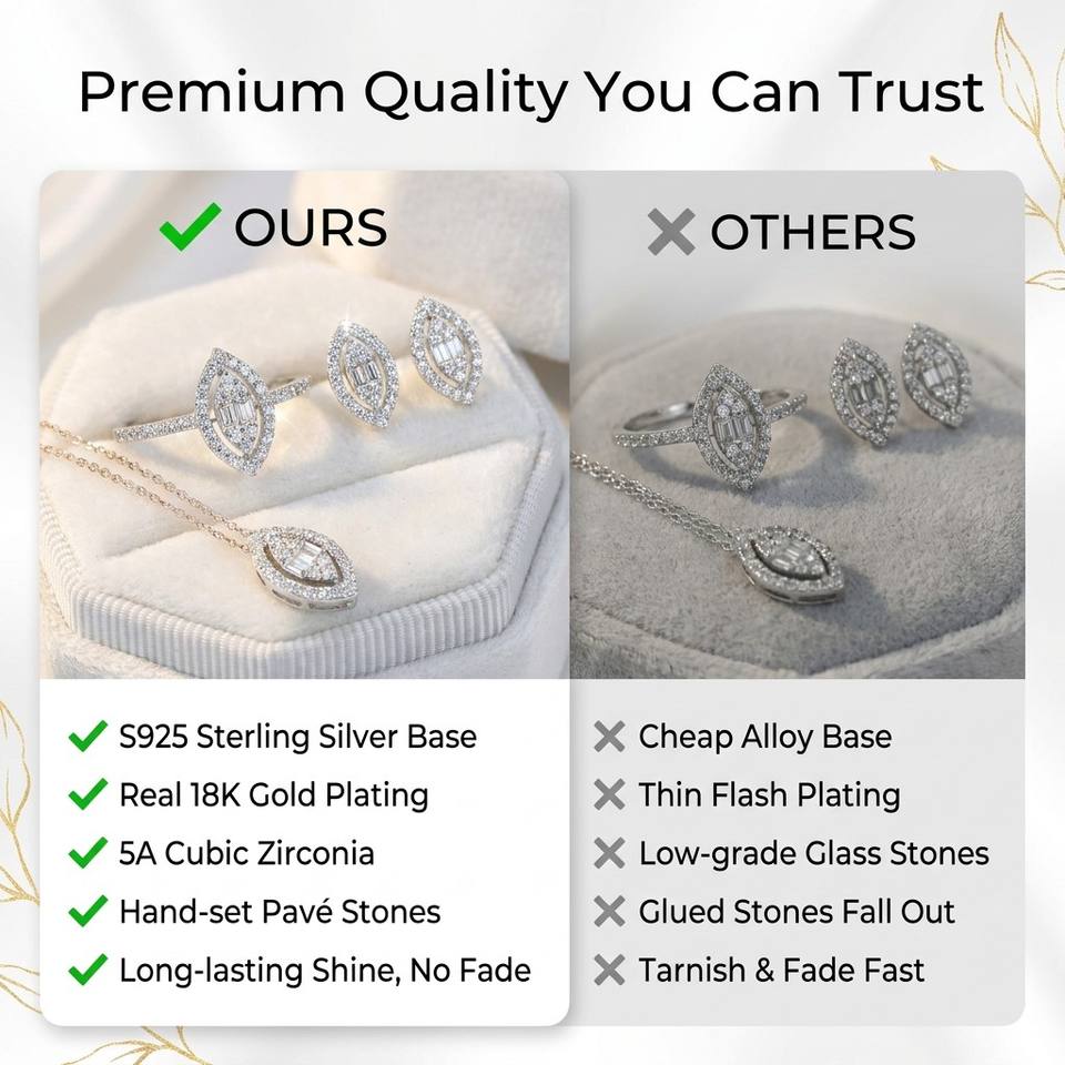 Ins Style 18K Gold Natural Diamond Marquise Jewelry Set Baguette Halo ...