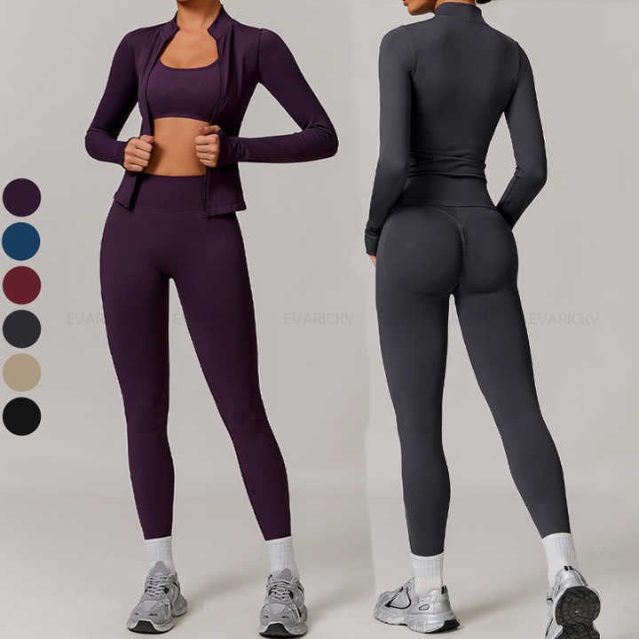 Women's High Waist Seamless Leggings and Sport Bra Long Sleeve Yoga Jacket Activewear Mujer 3 ...