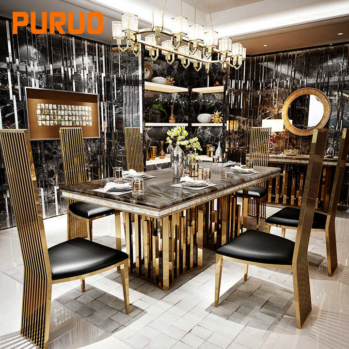 Modern style gold dining table with chair metal base stainless steel ...