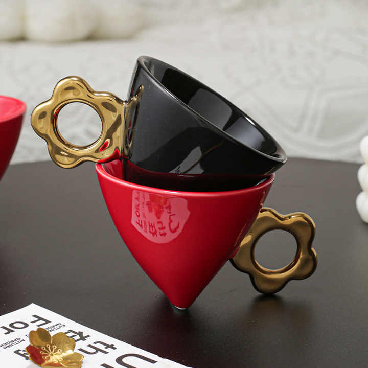 Light luxury plated flower handle mug Creative triangle coffee mug ...