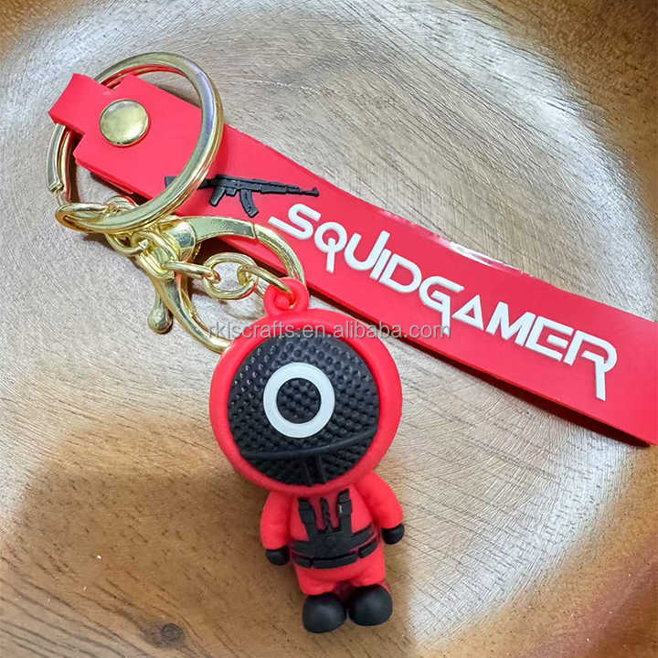 3D Cute Squid Game Character Key Chain with Rubber Lanyard Red| Alibaba.com