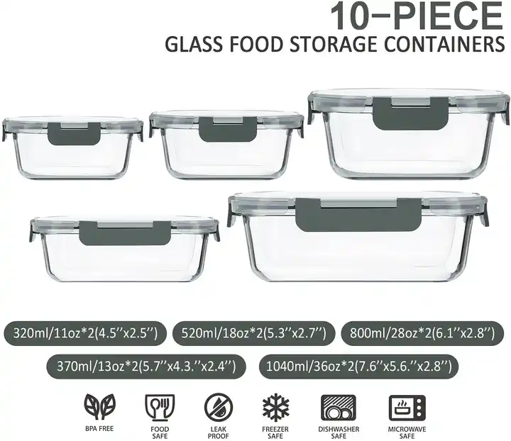 10 Pack Glass Food Storage Container, Airtight Glass Lunch Bento Boxes ...