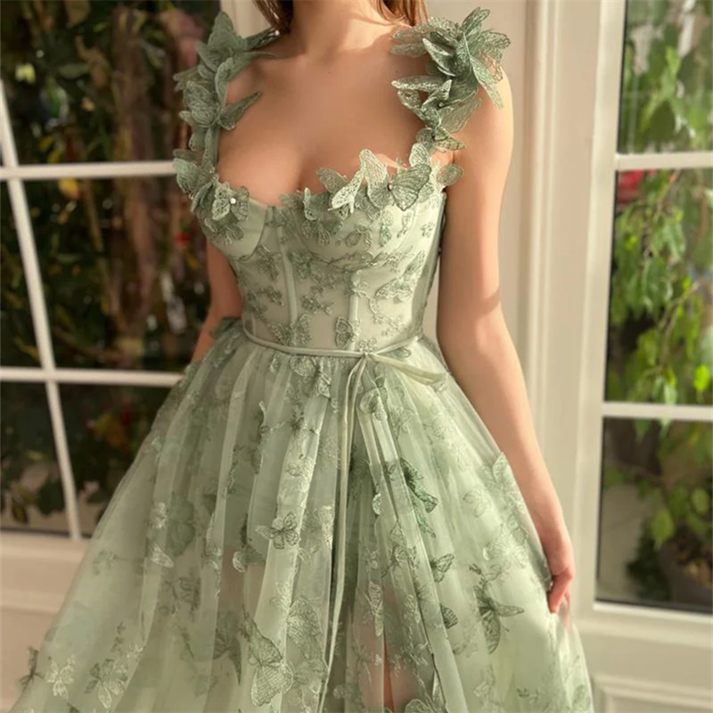 Butterfly Lace Spaghetti Strap A-line Wedding Dress with High Slit, Low ...