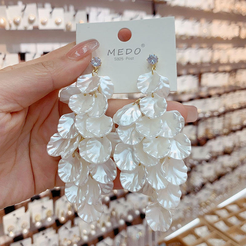 Exaggerated Shell Petal Tassel Long Drop Earrings for Women Inlaid ...