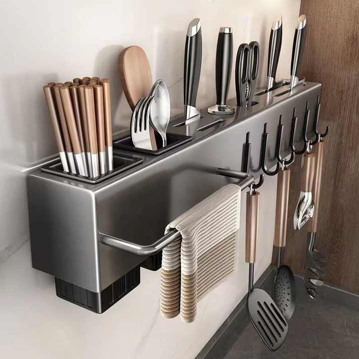 Stainless Steel Knife Rack Wall Mounted Non-Perforated Holder Kitchen ...