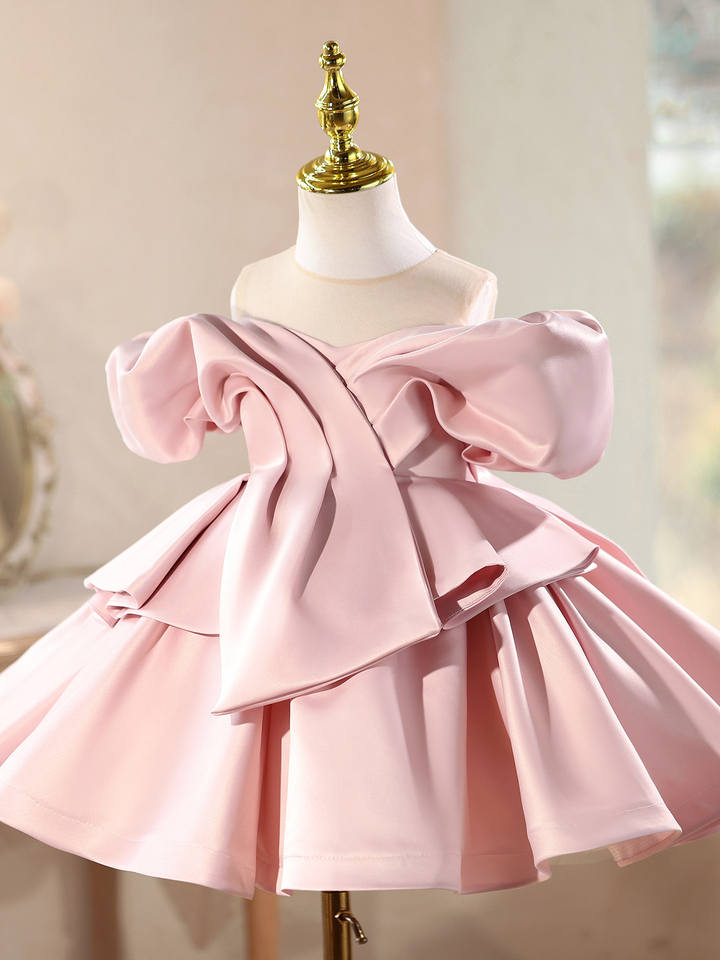 Luxury Pink Satin Girl Party Dress Off Shoulder Puff Sleeve Princess ...