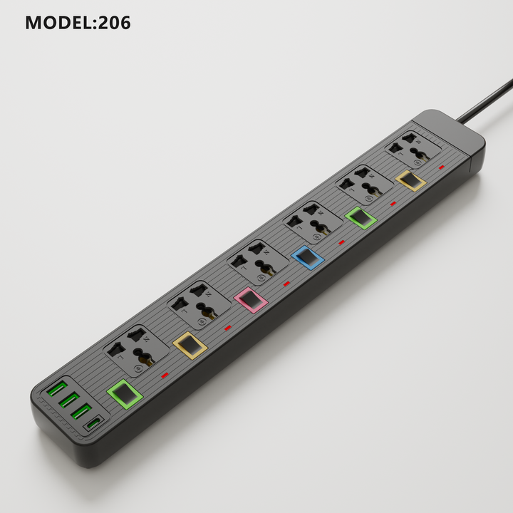 6 Outlets Universal USB Extension Power Strip Independent Color Switch ...