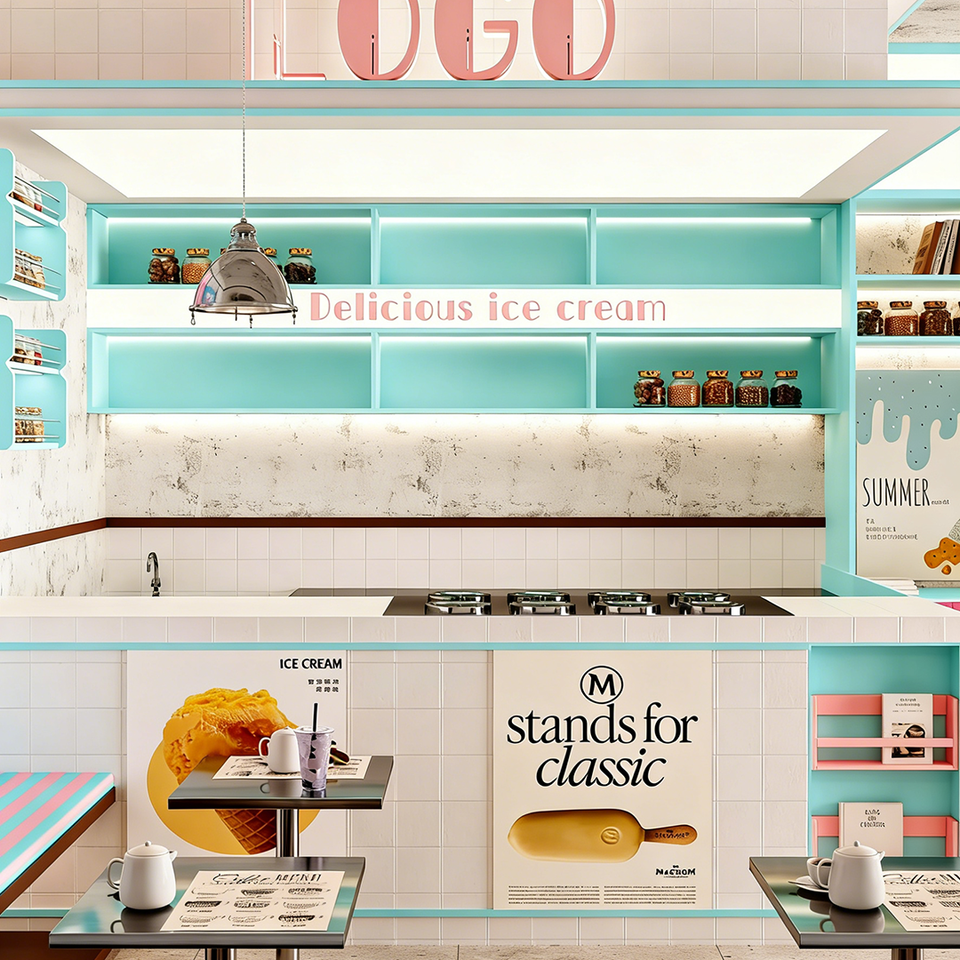 Retro Fresh Style Healthy Ice Cream Light Meal Shop Open Production Bar ...