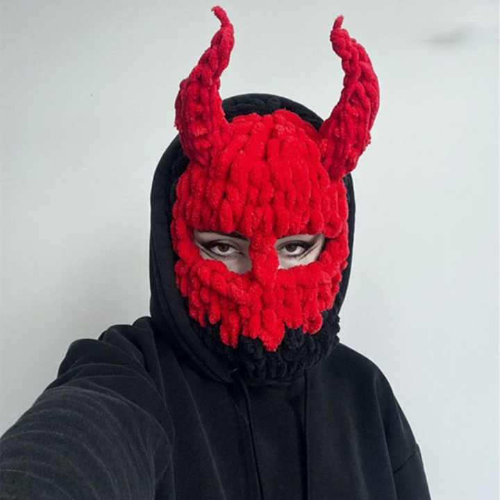Funny Crochet Red Ox Horn Balaclava for Halloween Party