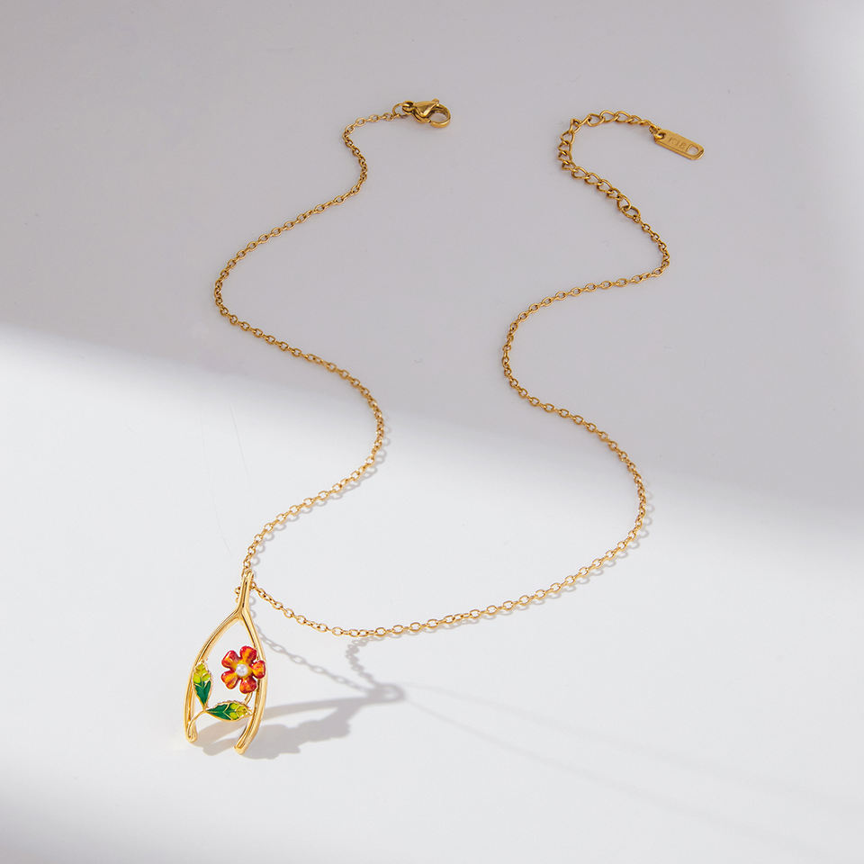 J&D Jewelry Flower Lucky Bone Wishbone Pendant Necklace Women Stainless ...