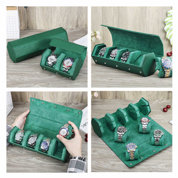 Custom Luxury Green Leather Roll Case Watch Box Organizer Embossed Logo ...