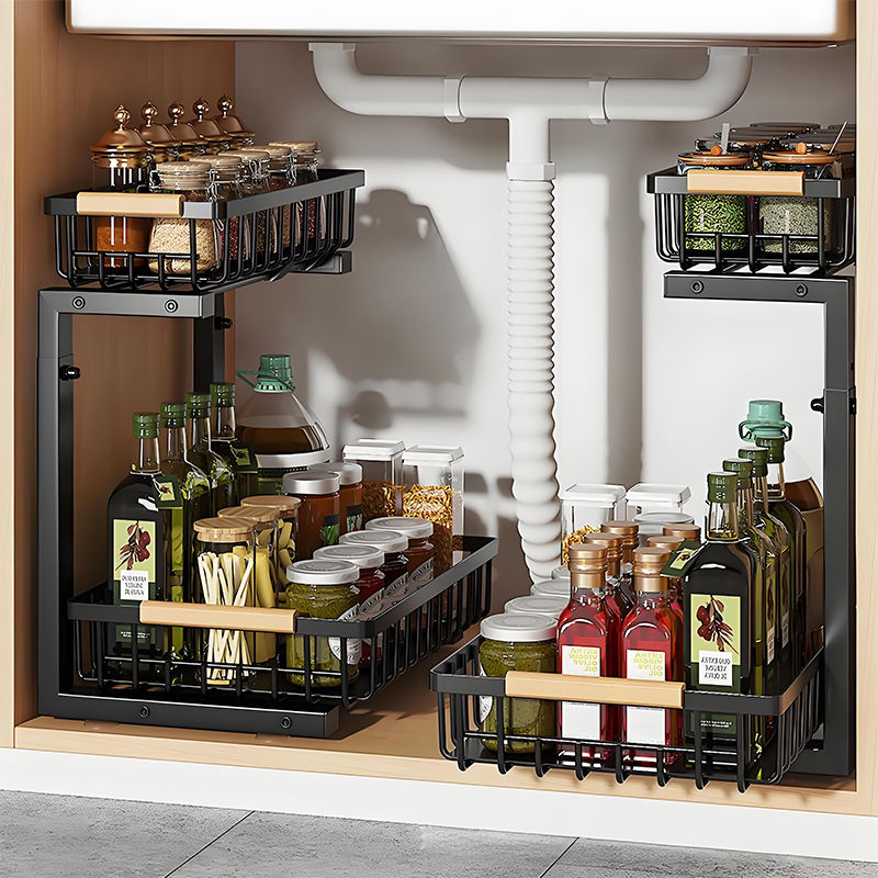 Modern Double Kitchen Sink Cabinet Storage Rack Metal Adjustable Pull ...