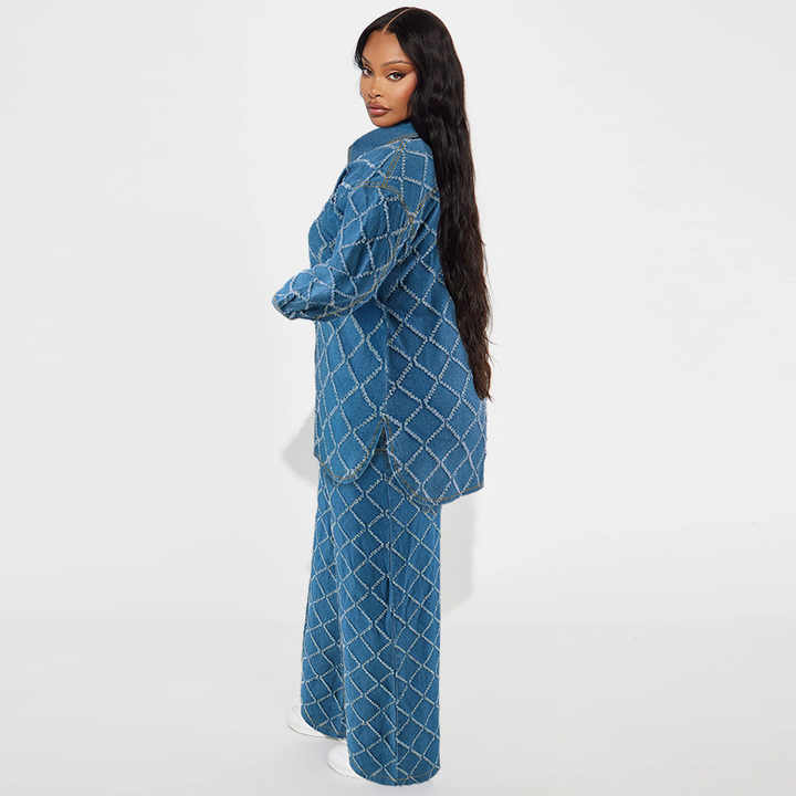 Y218571 Trendy 2 Piece Denim Sets for Women Long Sleeve Tassel Grid ...