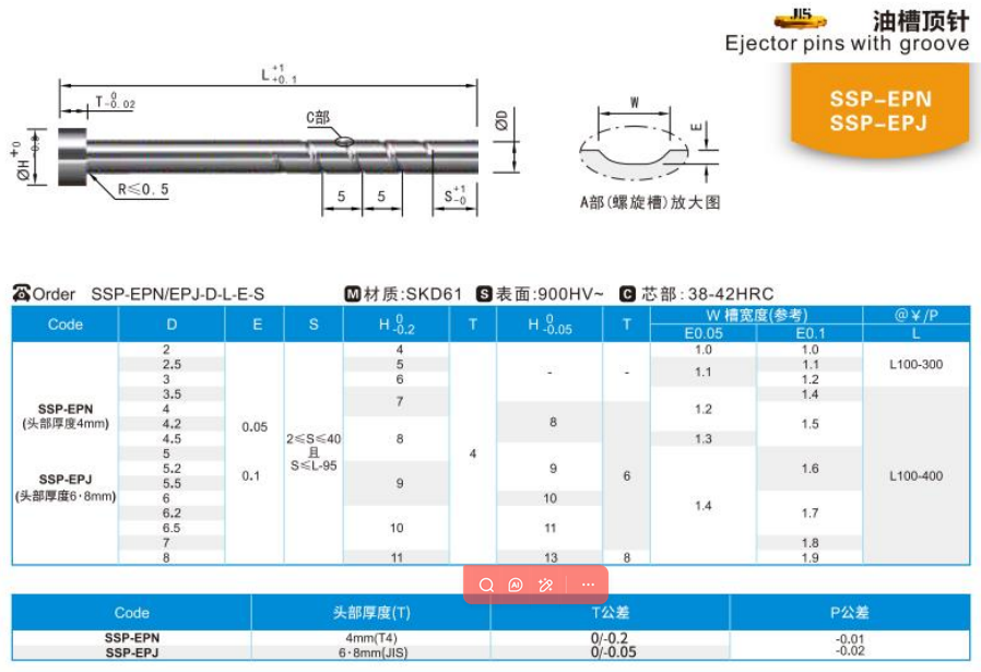 SKD61 Mold Ejector Pin Type SSP EPN with 900HV High Hardness Surface ...