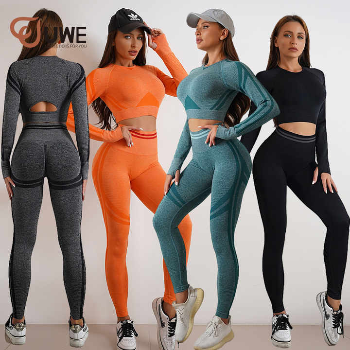 Workout Sets Gym Outfit Set for Women Seamless Long Sleeve Active Wear Seamless Yoga Sets ...