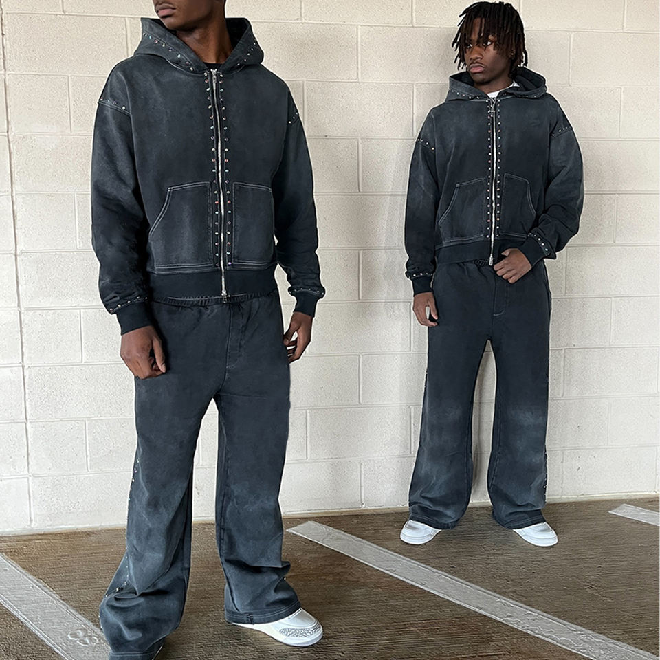 OEM Custom Distressed Zip Up Rhinestone Tracksuit for Men - Colorful ...