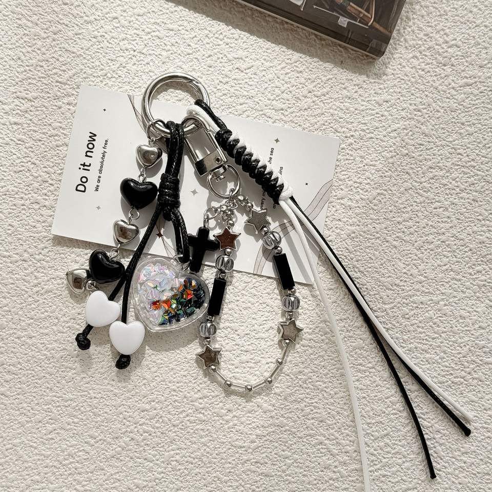 Y2K Grunge Black & White Keychain with Crystal Heart & Cross Charms Alt ...