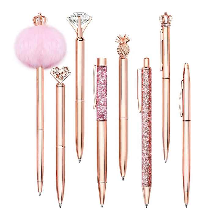 8PCS Pen Pack - Pink Fluffy Pens with Heart Diamond Metal Crown