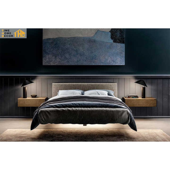 Floating Queen Frame Suspension Bed with LED Lights