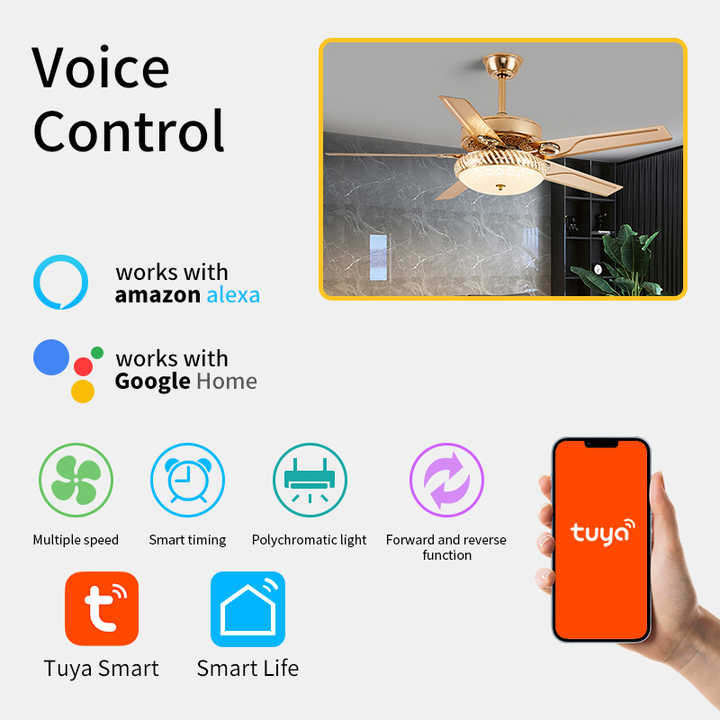 5 Blades Plywood Crystal Lamp LED Ceiling Fan Remote Control DC Motor ...